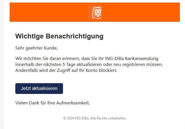 Vorsicht: ING Phishing-Mails im Umlauf