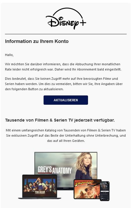Vorsicht: Phishing-Mails von Disney+ im Umlauf!