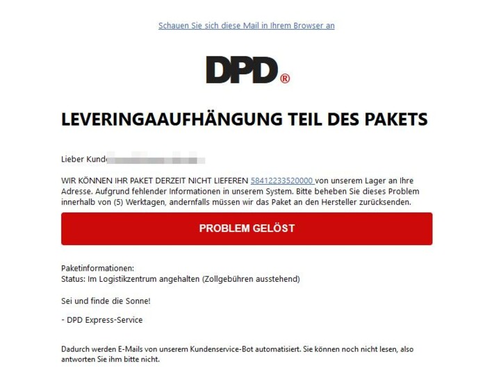 Vorsicht: DPD-Phishing- und Spam-Mails im Umlauf