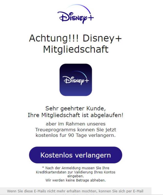 Vorsicht: Phishing-Mails von Disney+ im Umlauf!