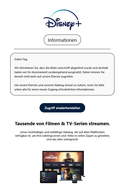 Vorsicht: Phishing-Mails von Disney+ im Umlauf!